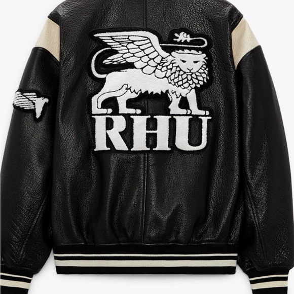 Jackets & Coats | Rhu Black And White Varsity Bomber Leather Jacket ...